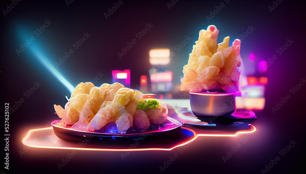cyberpunk food futuristic tempura , japanese food, neon light on ...