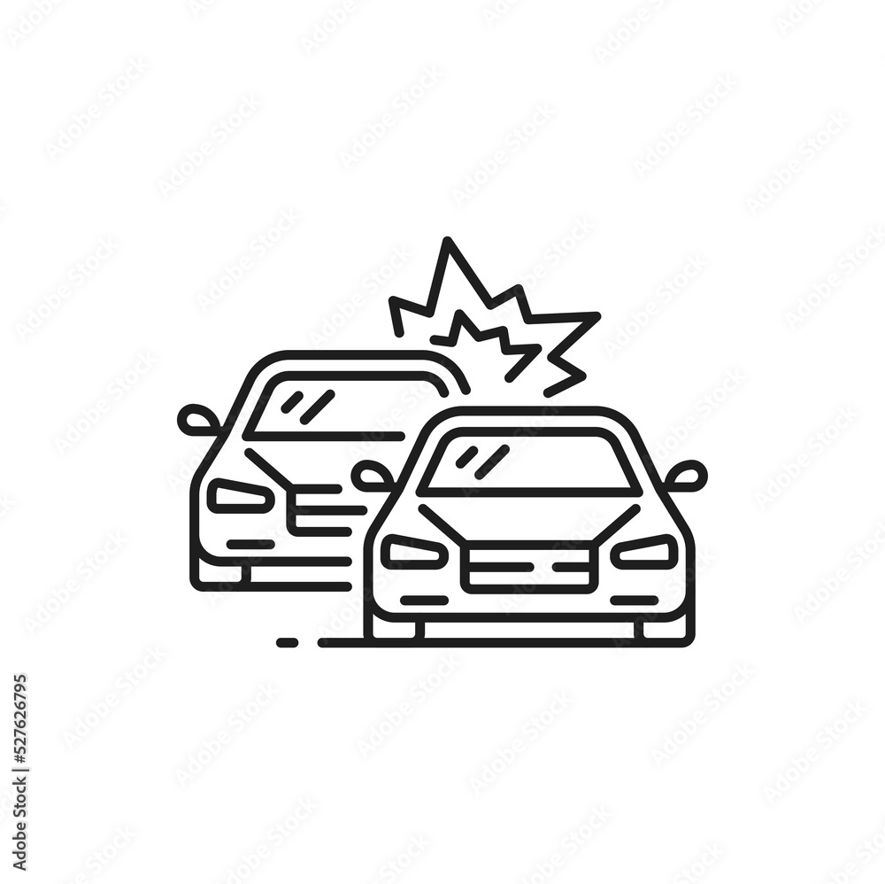 Car crash, collision or road accident thin line icon. Vehicle collision ...