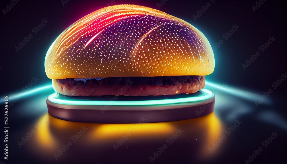 cyberpunk food, futuristic hamburger, neon light on isolated black ...