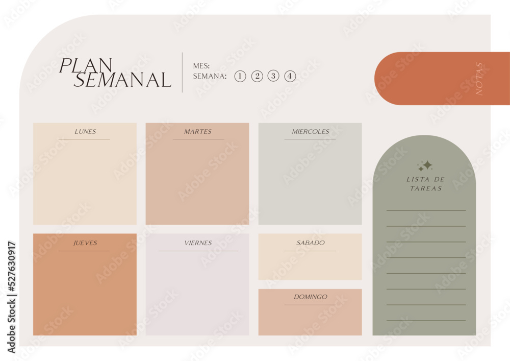 Planificador semanal, escribe el mes y el númera de la semana. Tendrás ...