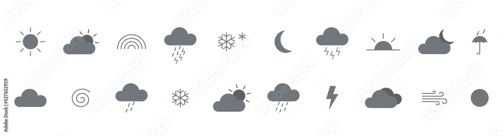 Weather black icons set. Outline meteorology shapes. Thunder storm ...