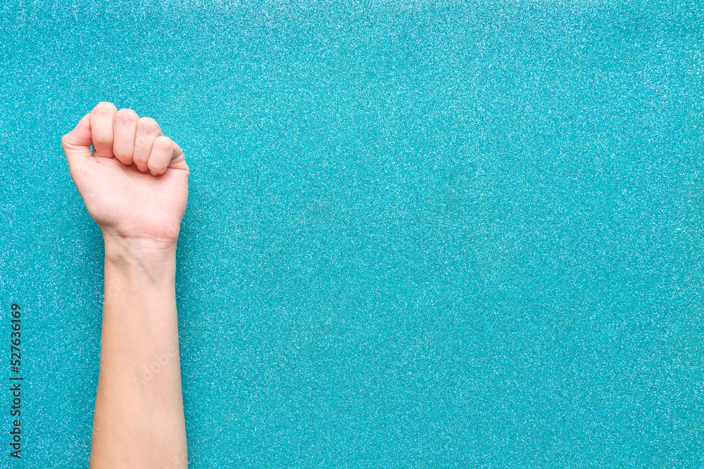 woman fist on pink glitter background claiming equality feminism Stock ...