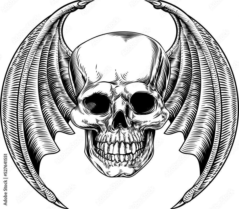 Winged Skull Etching Style Stock Illustration | Adobe Stock
