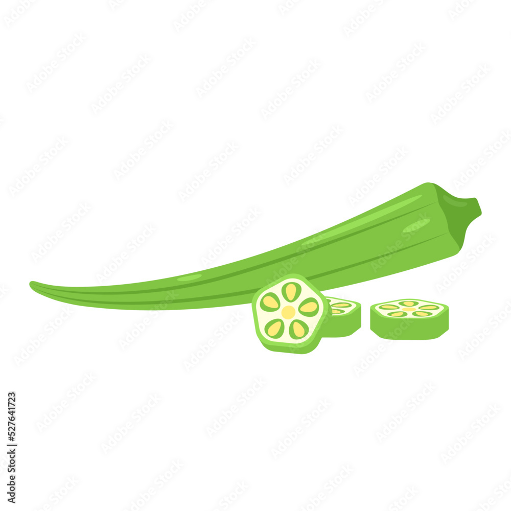 Whole green okra and slices isolated on white background. Abelmoschus ...