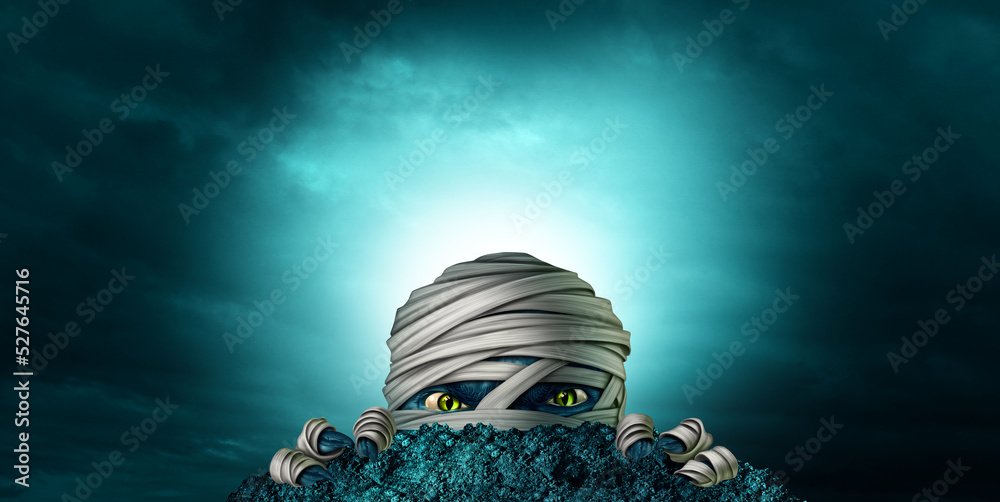 Poster Mummy monster peeking behind a moonlight scary background as an ...