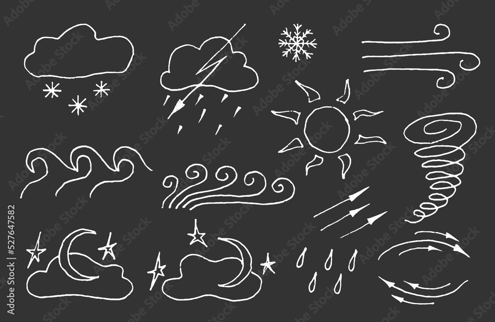 Set of weather doodles vector illustration. Childs like drawing icons ...