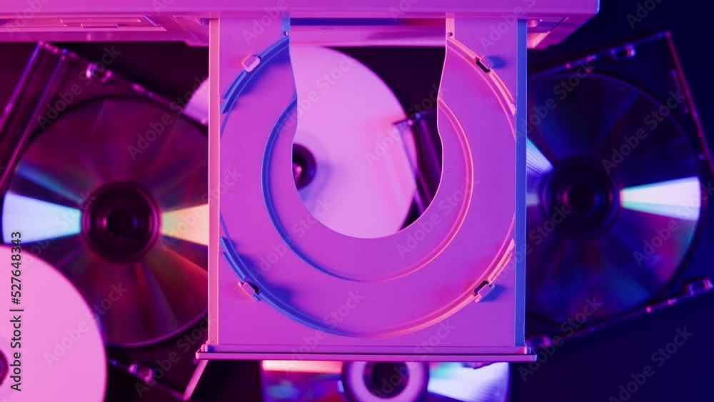 Using CD circle disk close-up. Old dvd player, disc drive top view ...