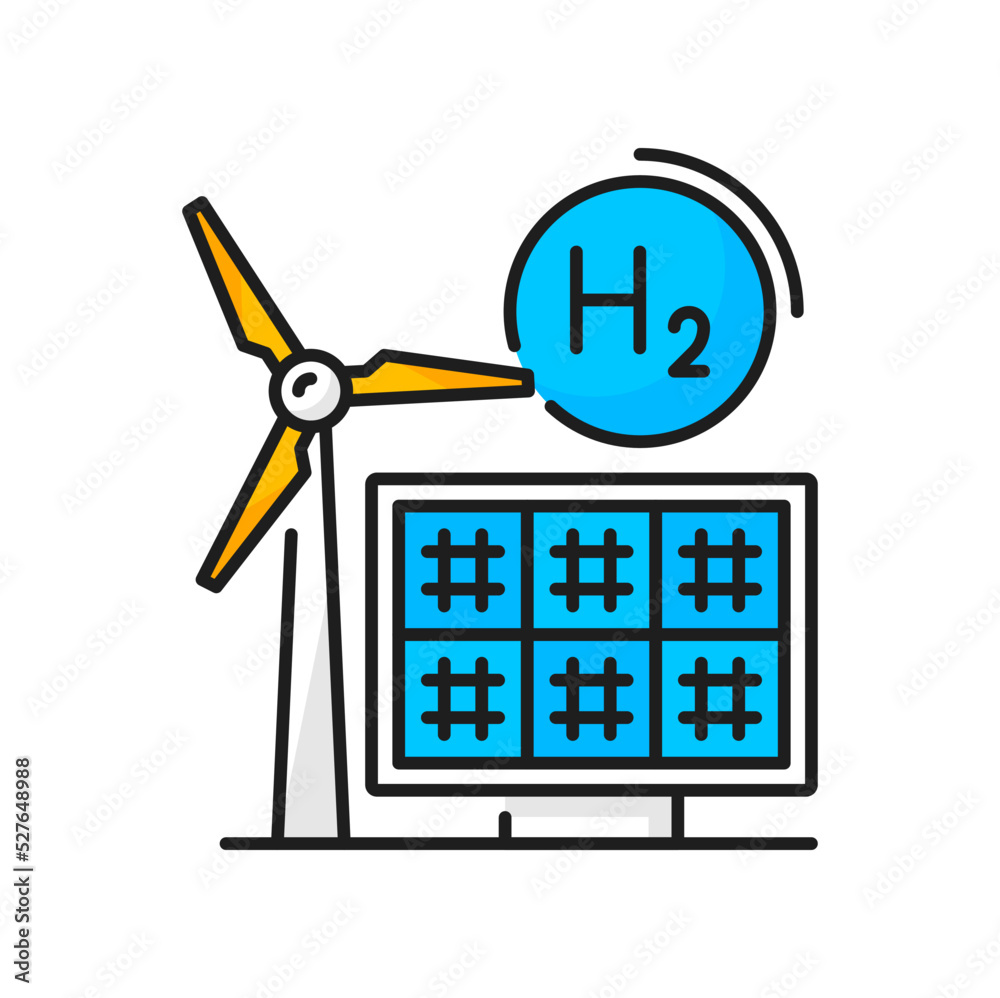 Hydrogen color icon, H2 solar energy and windmill electric power ...