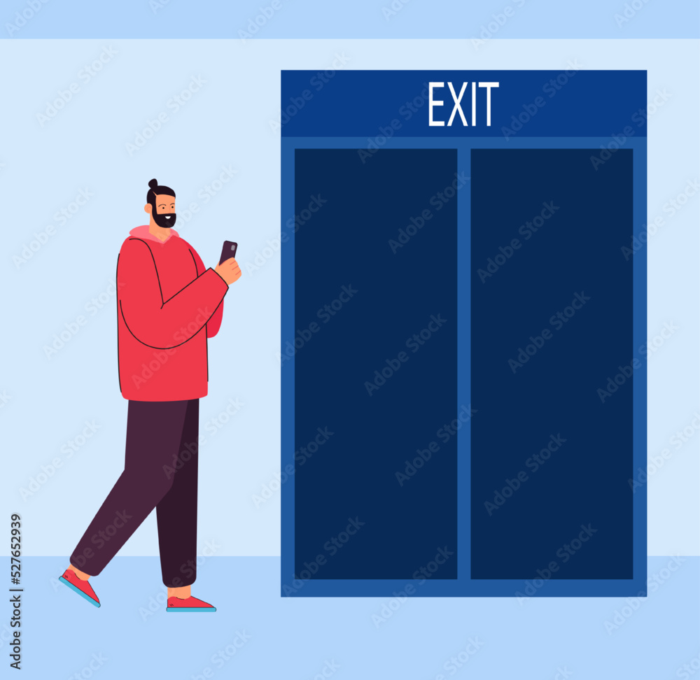 Cartoon man with smartphone walking towards exit. Male character next ...