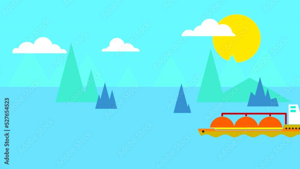 Flat animation of seascape with sun, clouds and sea transport. Looped ...