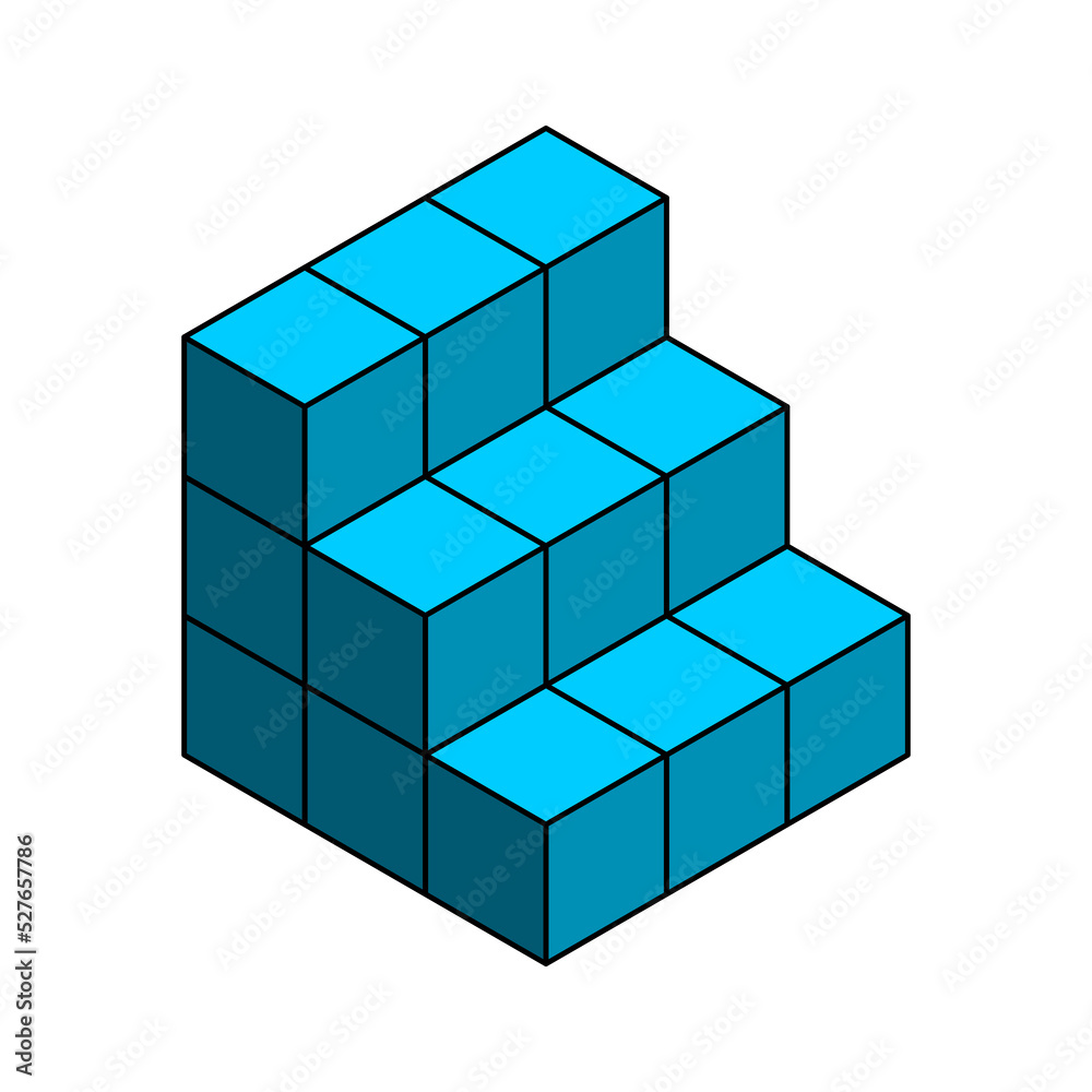 3D stairs made of cubes. Blue staircase with outline. Geometric shape. Isometric projection ...