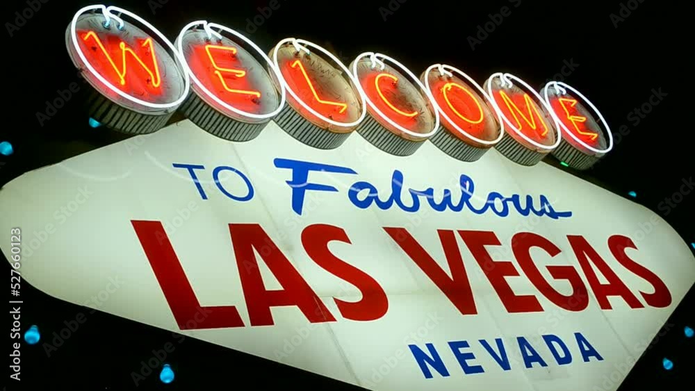 Las Vegas sign with blinking red led light on dark night sky, Nevada ...