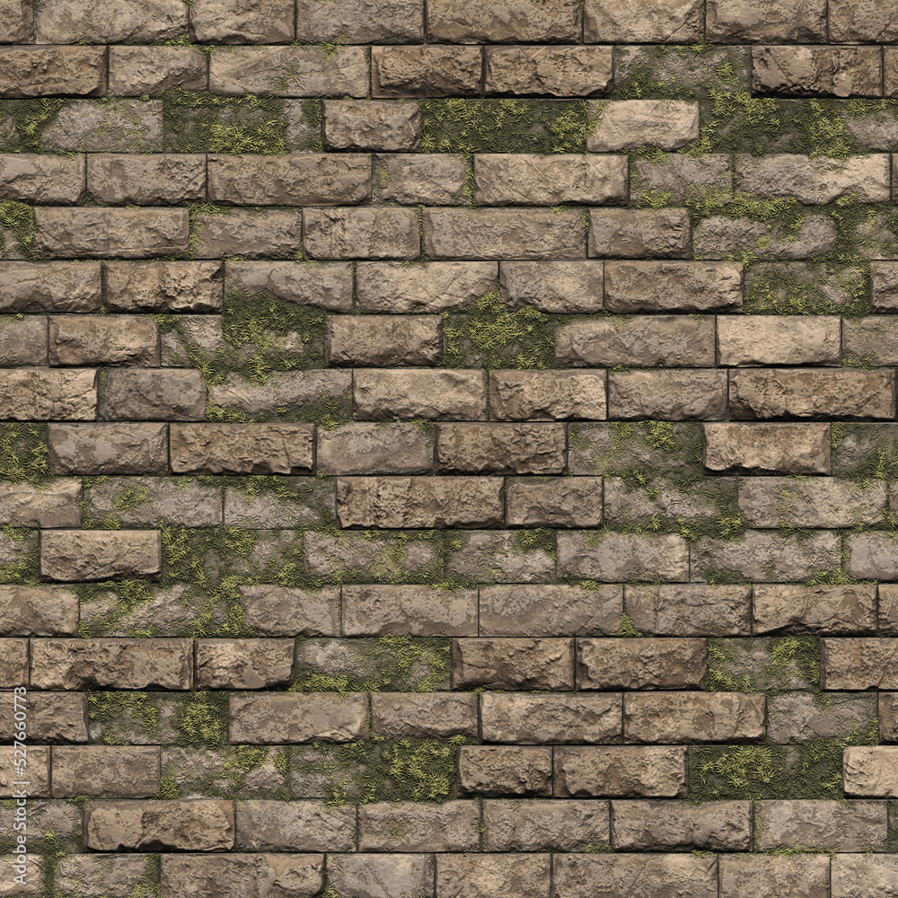 3D Realistic vintage Medieval brick wall with moss algae rendered ...