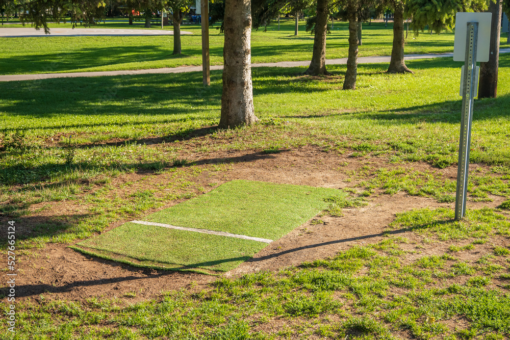 Detail of a disc golf "Tee" on a nine hole course in Ashbridges Bay ...