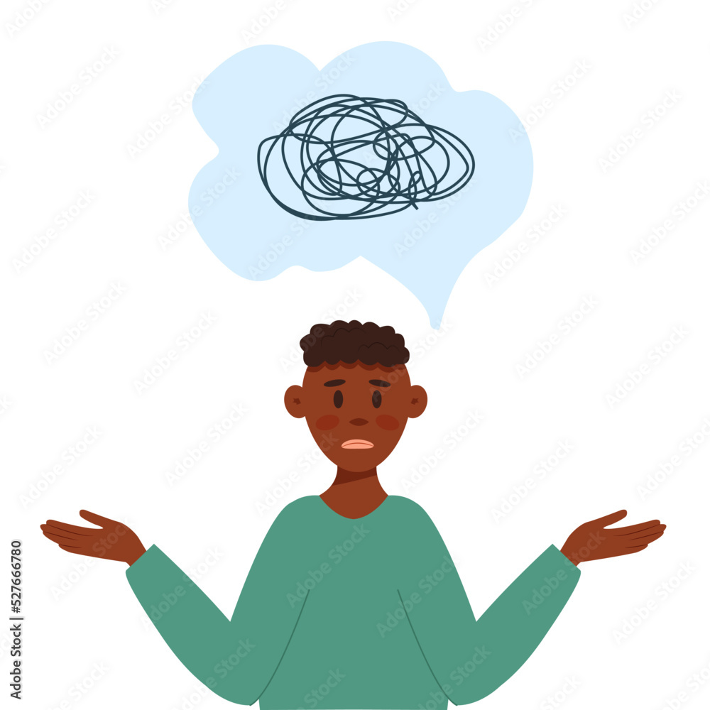Young confused black man in cartoon flat style. Concept of confusion ...