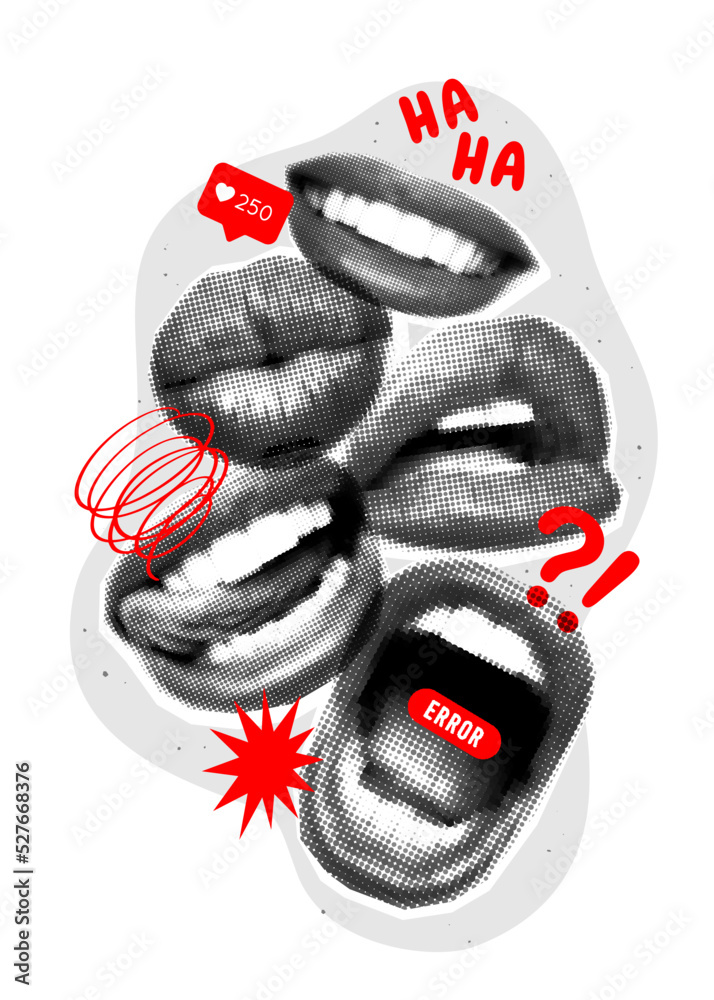 Art collage with halftone mouths and red elements. Magazine style ...