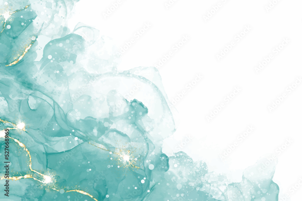 Pastel cyan mint liquid marble watercolor background with gold lines ...