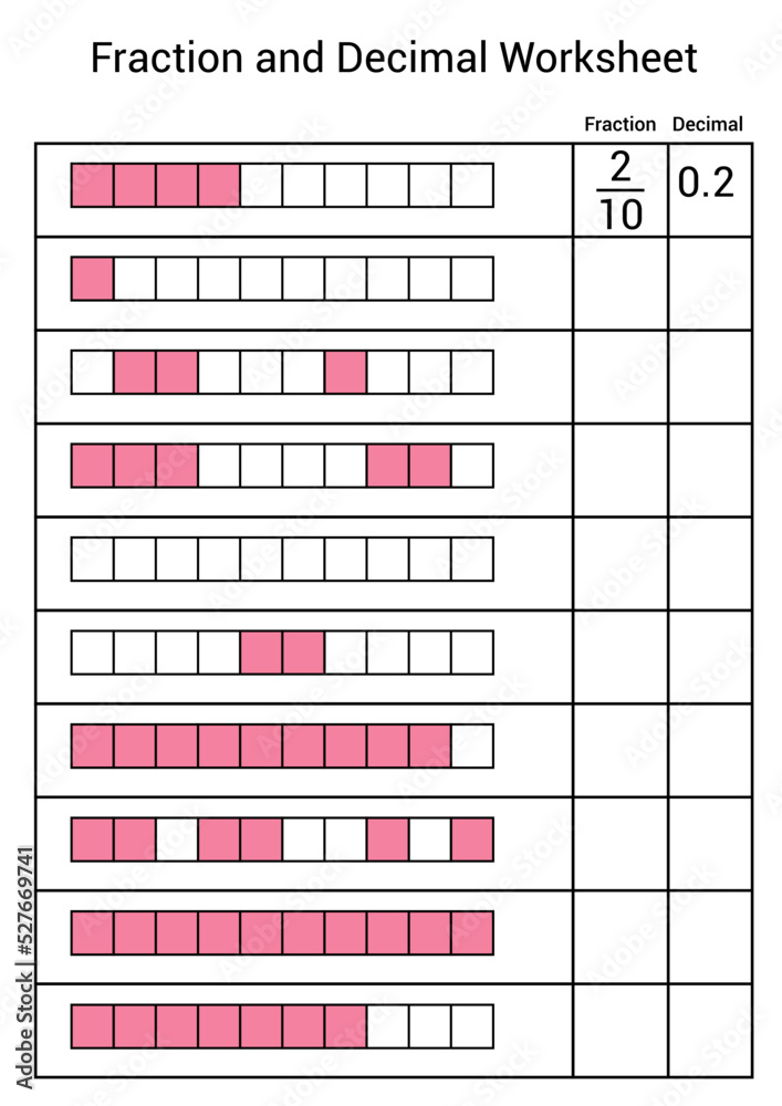 Fraction and decimal worksheet. math fraction worksheet Stock Vector ...