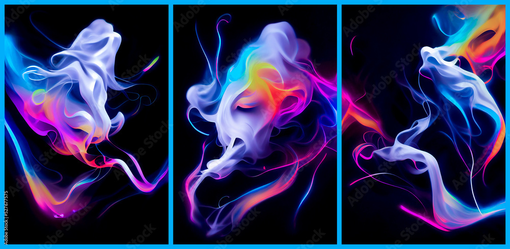 Set of images of colored smoke. Elegant whimsical shapes, balance of ...