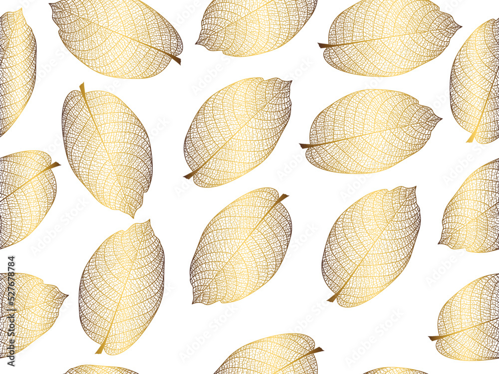 Vector illustration of gold leaves. Patterns of skeletal leaf cells ...