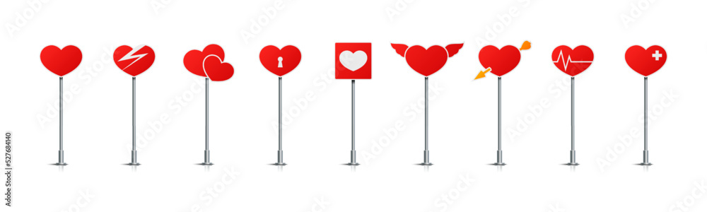 Vector illustration of heart shape road signs isolated on white ...