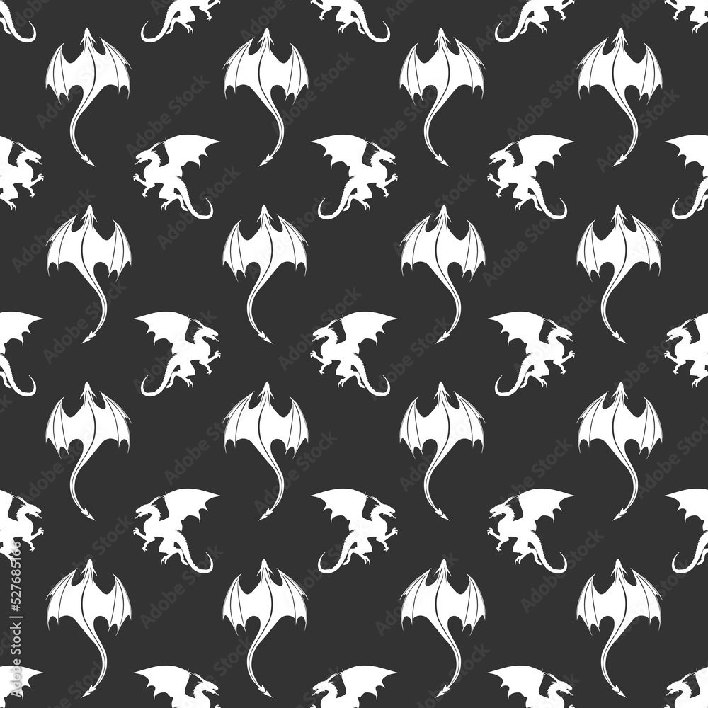 Seamless pattern made up of white dragons and wyverns on the black ...