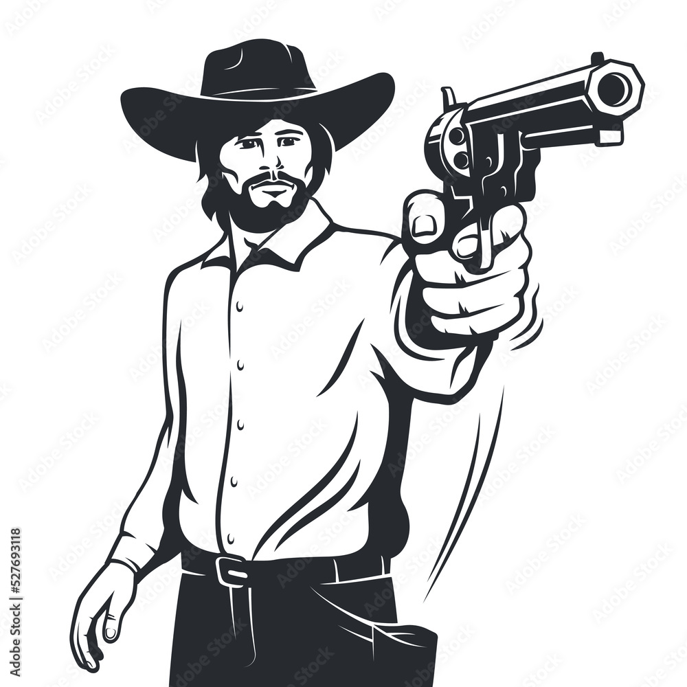 Cowboy gunslinger threatens with a gun. Gunfighter in the wild west ...