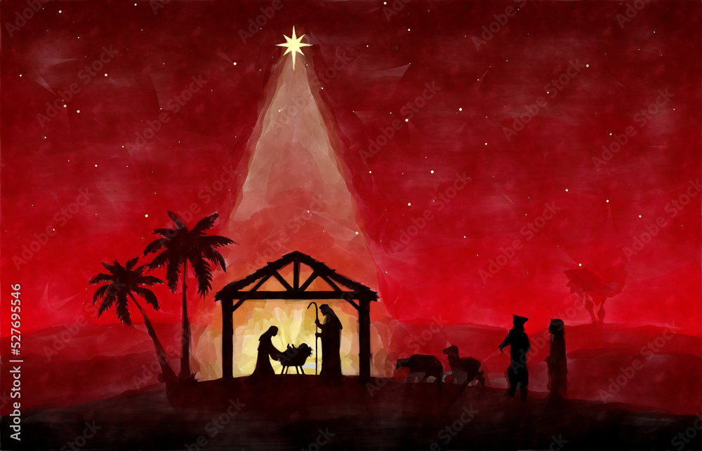 Red Christmas Nativity Scene background. Watercolor painting sketch ...