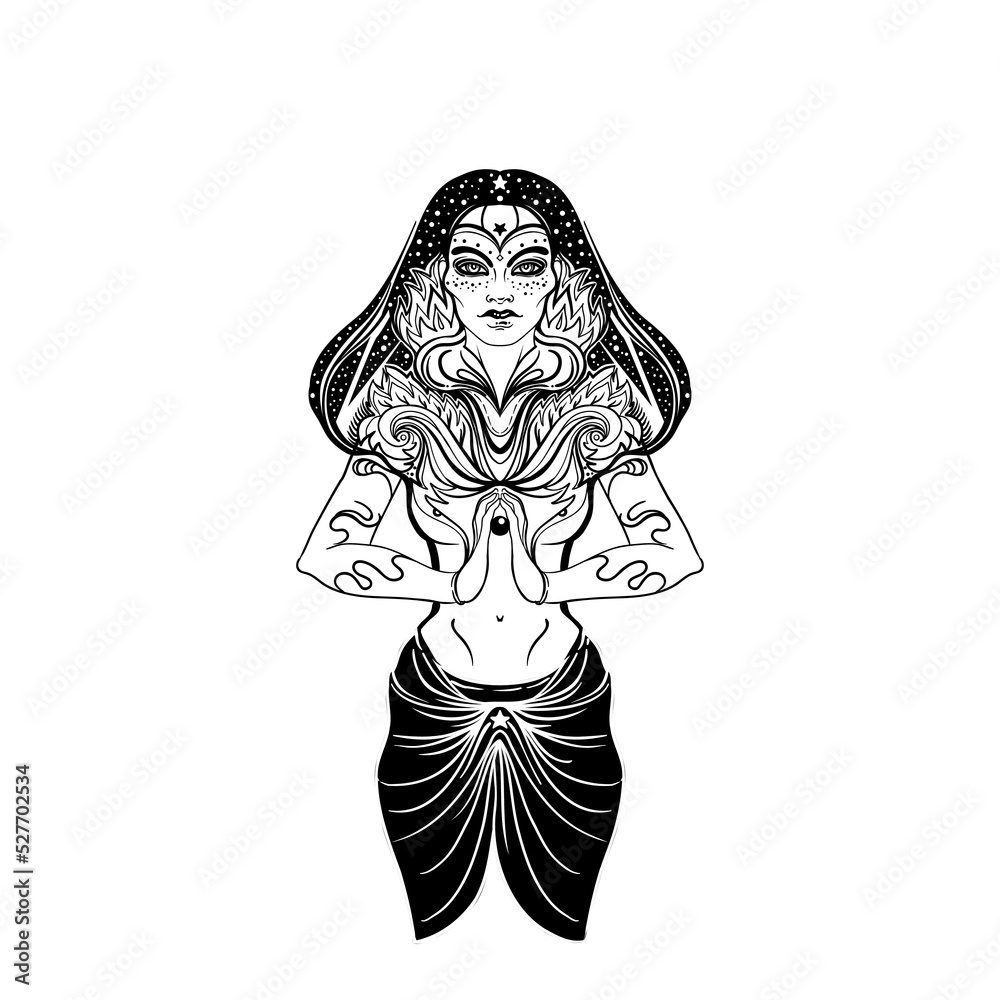 Asian magic woman with sacred geometry and fire. Vector Illustration ...