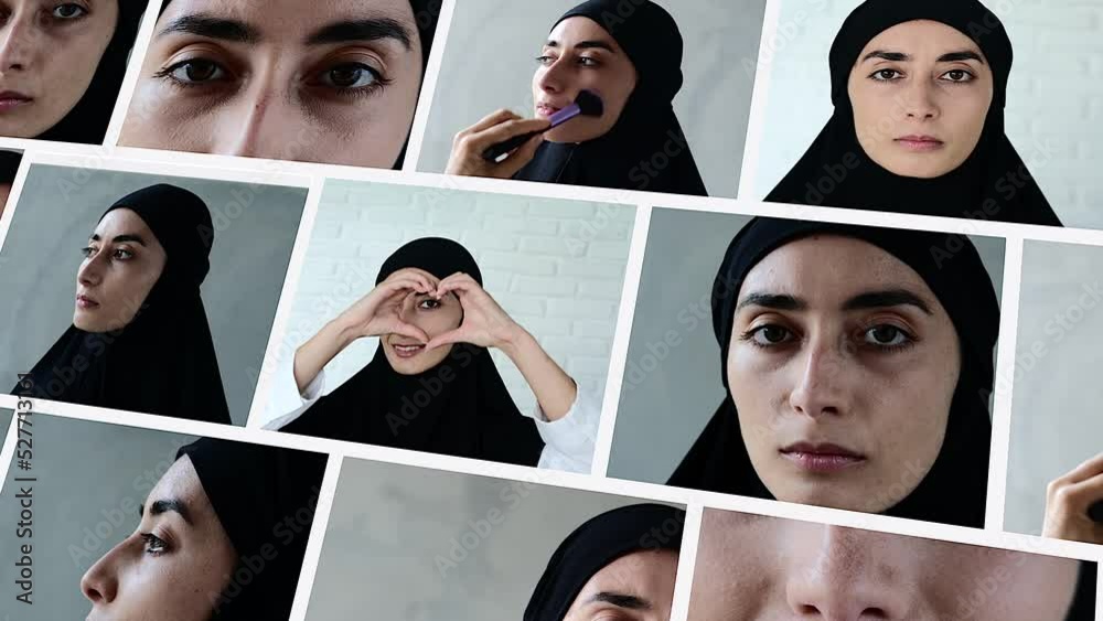 Collage with a Muslim girl in a black hijab. Portrait of a young Arab ...