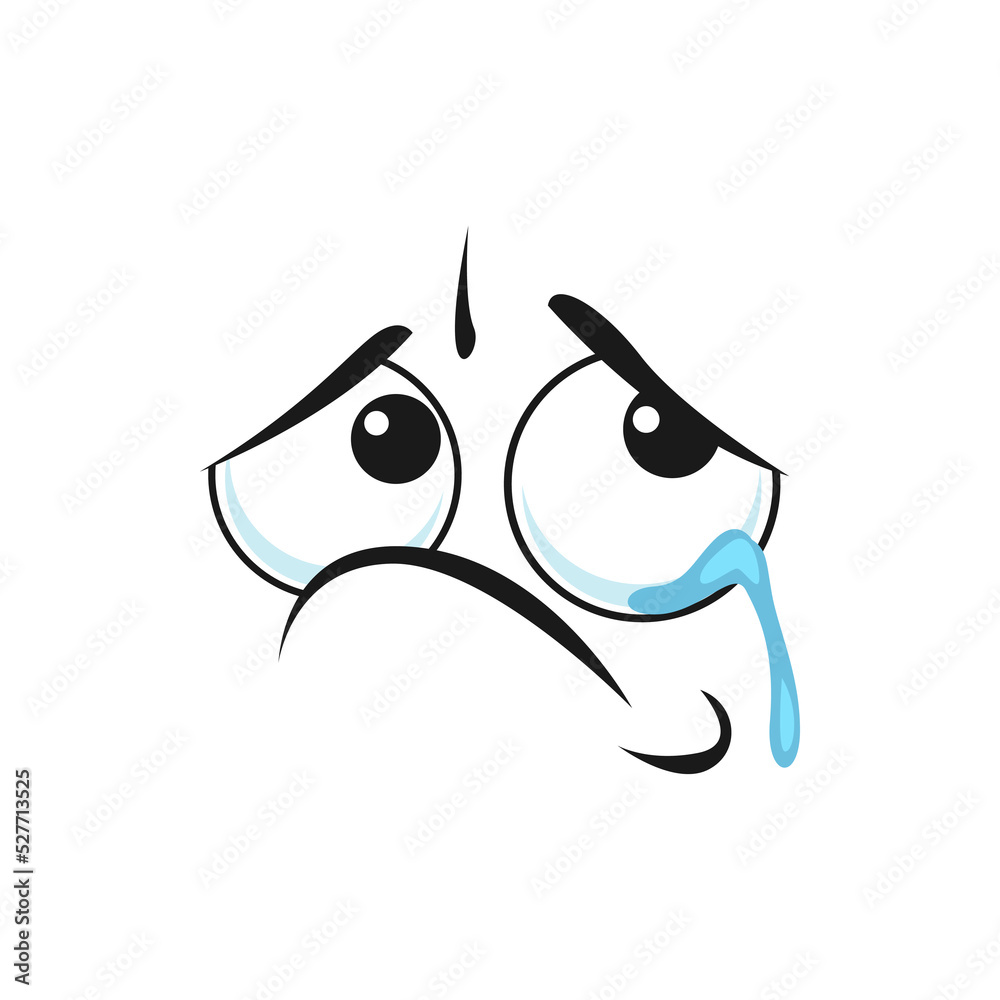 Cartoon crying face with tears dripping from eyes. Upset emoji, vector ...