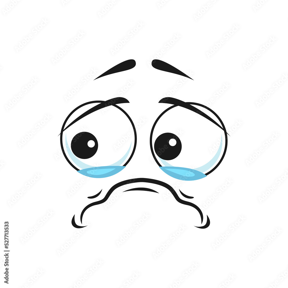 Cartoon crying face with wet eyes, weeper emoji with tears. Upset ...