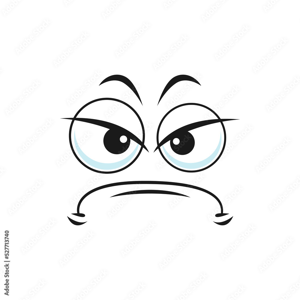 Cartoon face negative expression, vector displeased emoji with squinted ...
