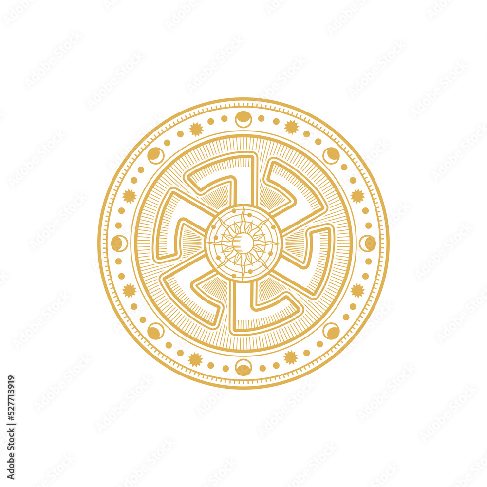 Magic symbol, gold circle with sun and ankh ornaments, moon and ...