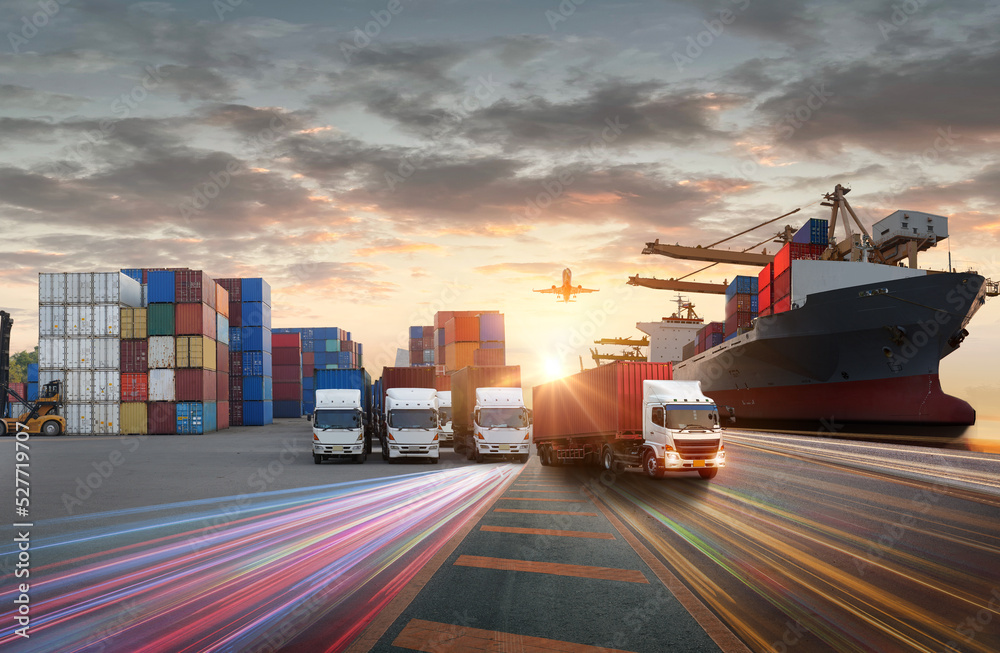 Container truck in ship port for business Logistics and transportation ...