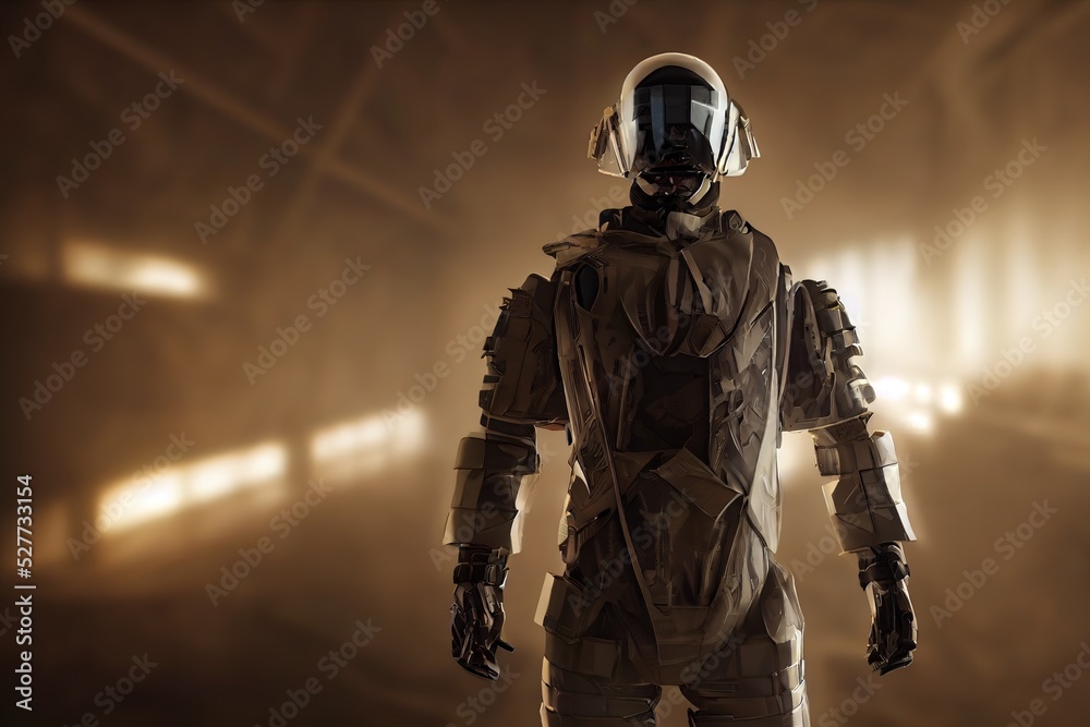 futuristic elite serviceman against the background of the fighting ...