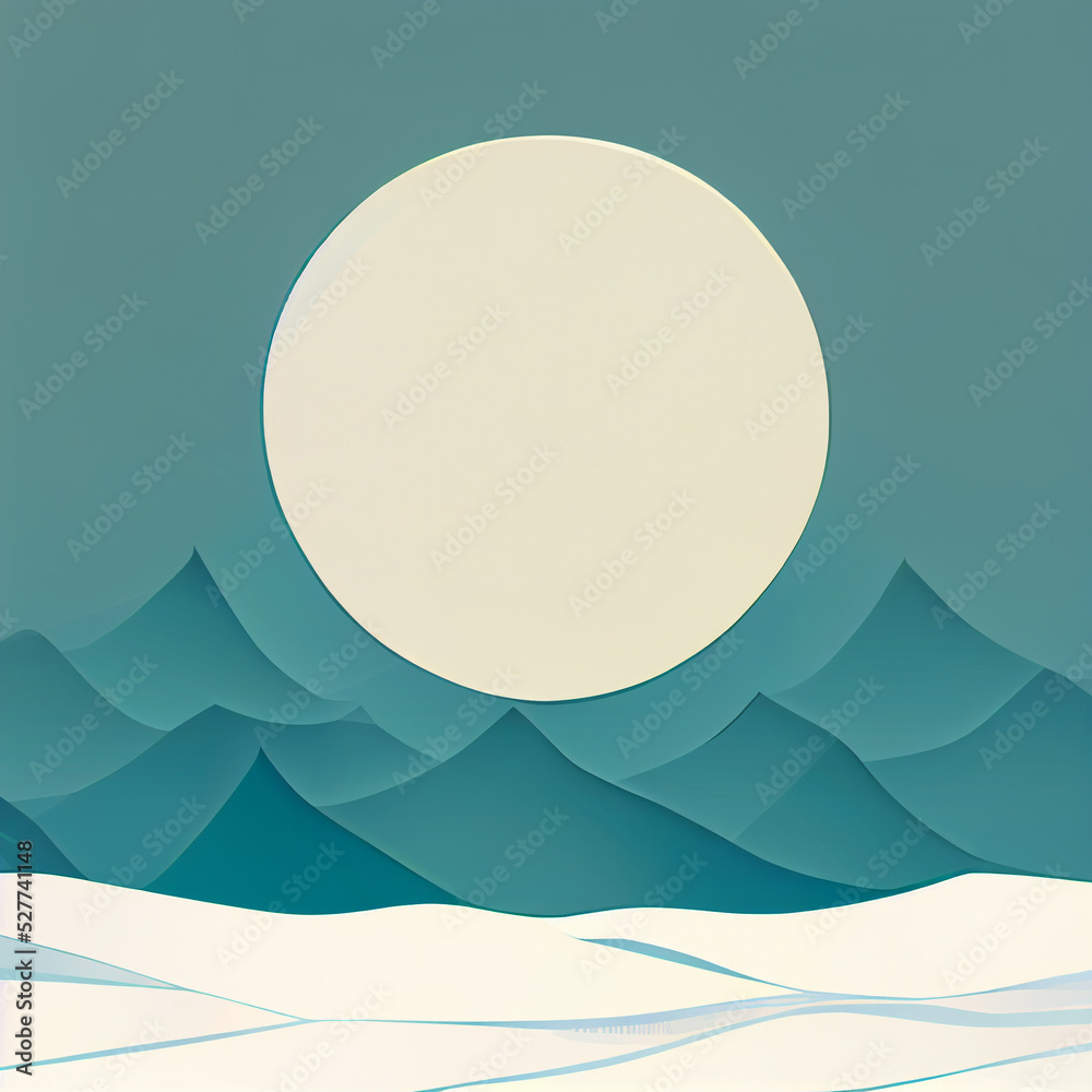 Big moon under triangle mountain s and snow field, flat illustration ...