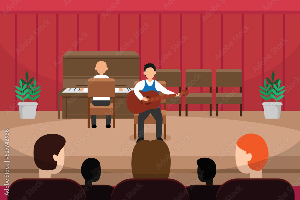 Guitar and piano performance in front of audience at art school concert ...