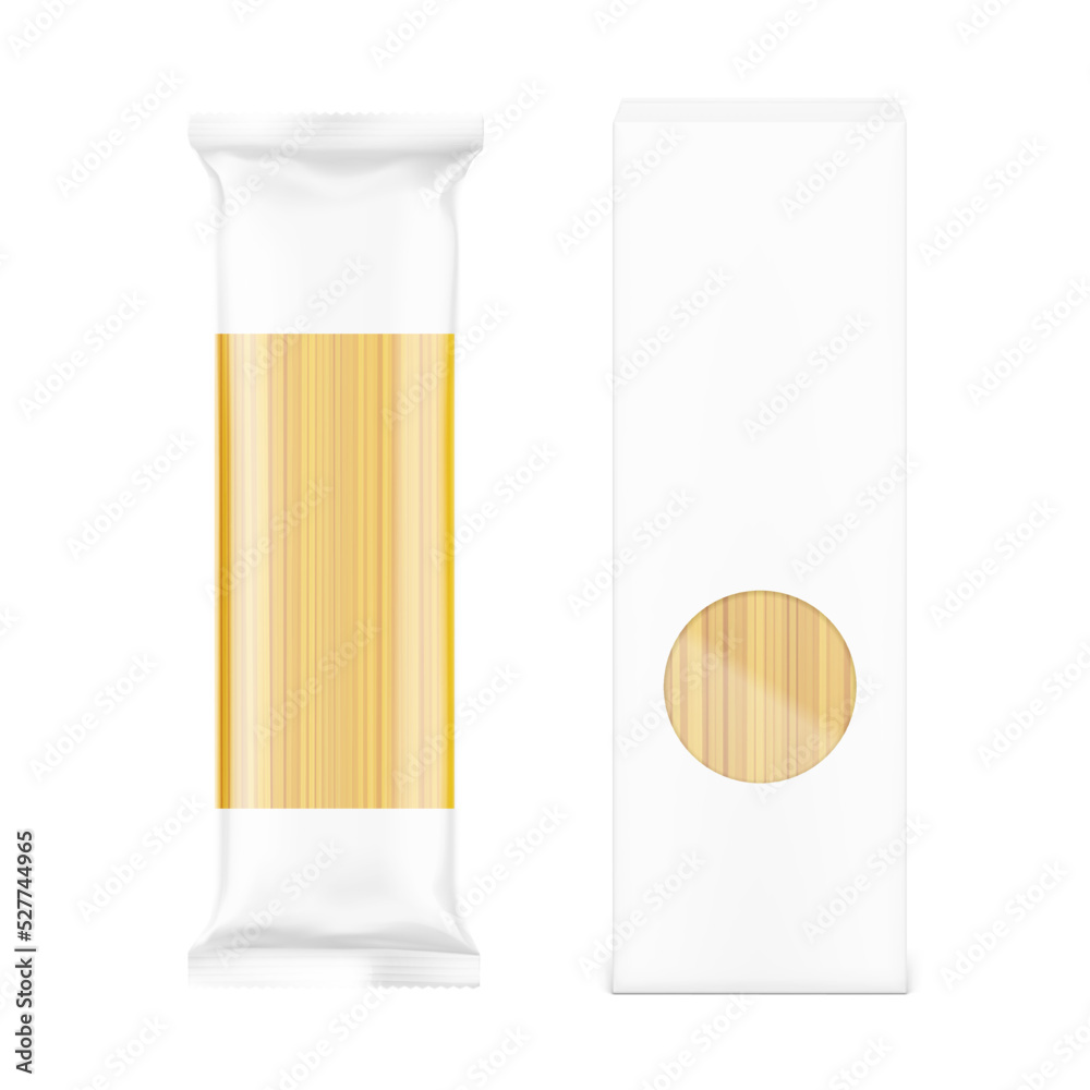 Realistic pasta food package bag and cardboard box mockup. Vector ...