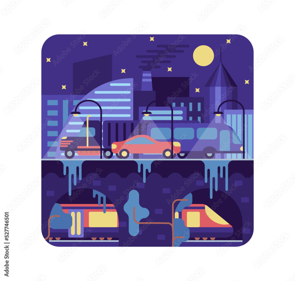 Highway road in night city, vector cartoon illustration in flat stile ...