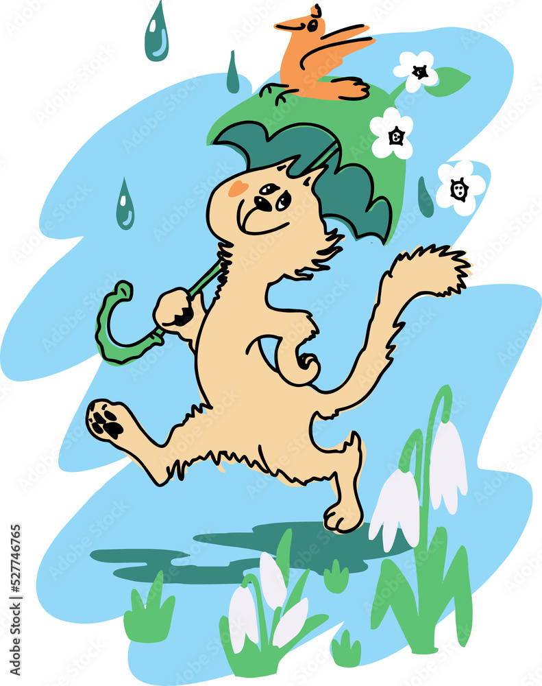 Cartoon cat with an umbrella goes in the rain. Stock Illustration ...