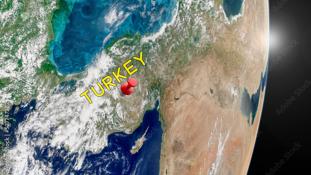 Turkey country pinned on Earth map, Black Sea, Mediterrenian Sea ...
