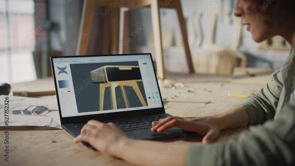Furniture Designer Working on Laptop Computer, Creating a Digital 3D ...