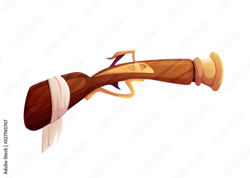 Pirate pistol or revolver. Old flintlock. Musket rifle. Cartoon vector ...