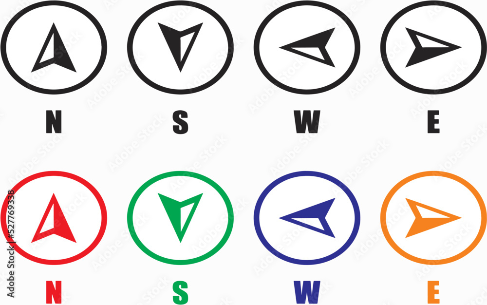 Set of compass icons of north, south, east and west direction. Editable ...