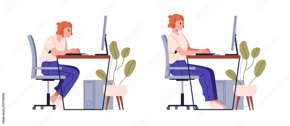 Correct good position vs bad incorrect posture for sitting at computer ... Correct good position vs bad incorrect posture for sitting at computer ...