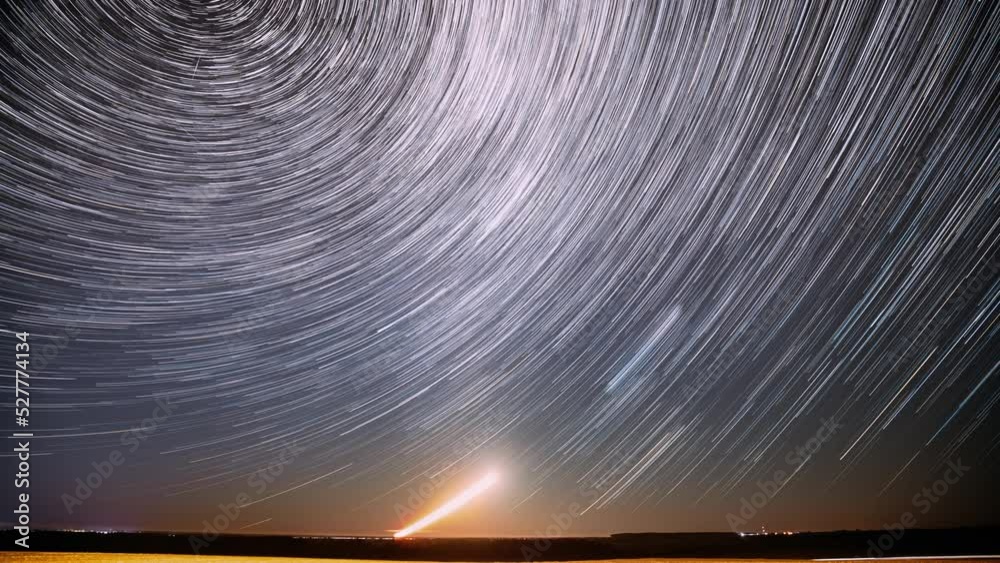 Trace Of Sun. Spin Of Stars In Sky. 4k Spin Trails Of Stars Timelapse ...