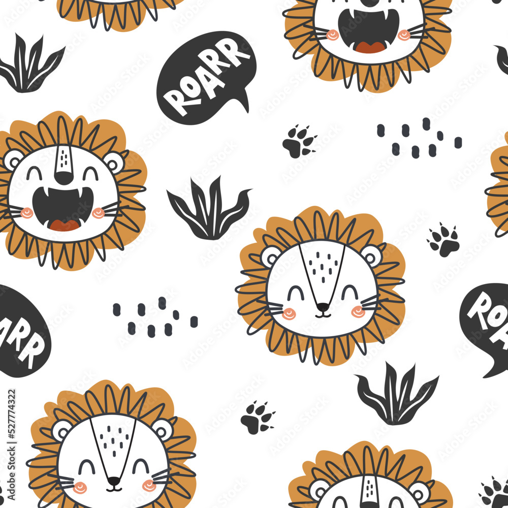Seamless Vector Pattern with cute Lion. Hand drawn Doodle Cartoon ...