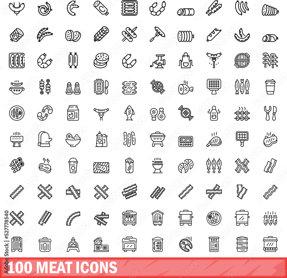100 meat icons set. Outline illustration of 100 meat icons vector set ...