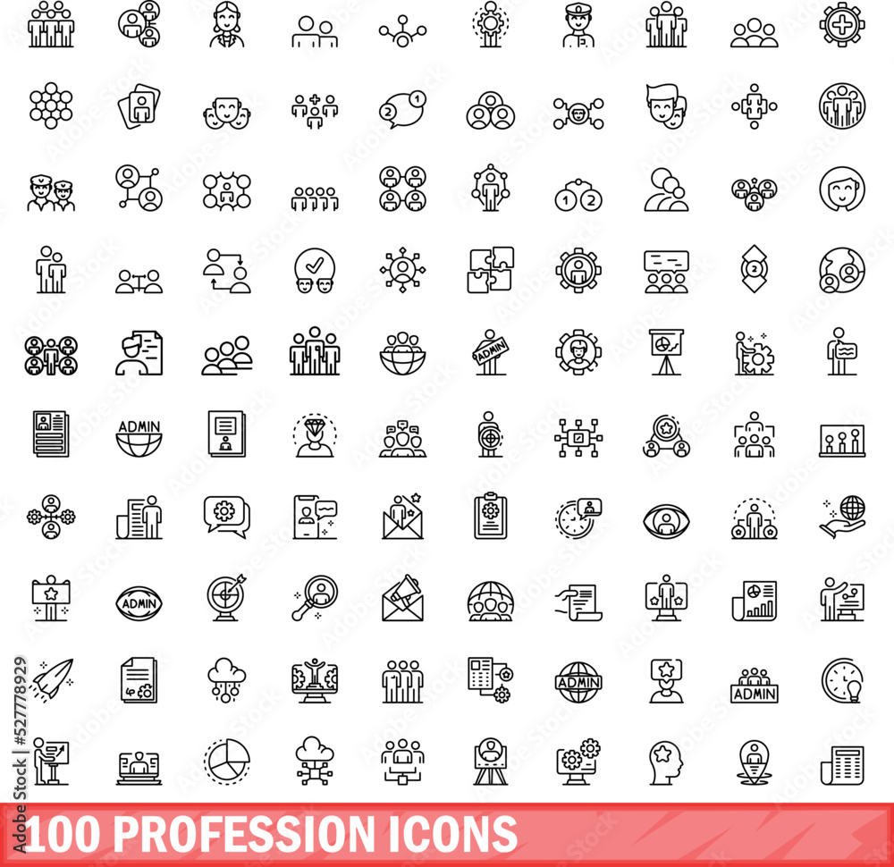 100 profession icons set. Outline illustration of 100 profession icons ...